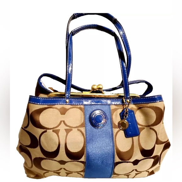 Coach | Bags | Coach Kiss Lock Signature Logo Handbag Browns Beige Blue ...